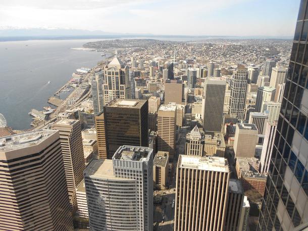 Downtown Seattle and waterfront from rd floor of Columbia Center ...